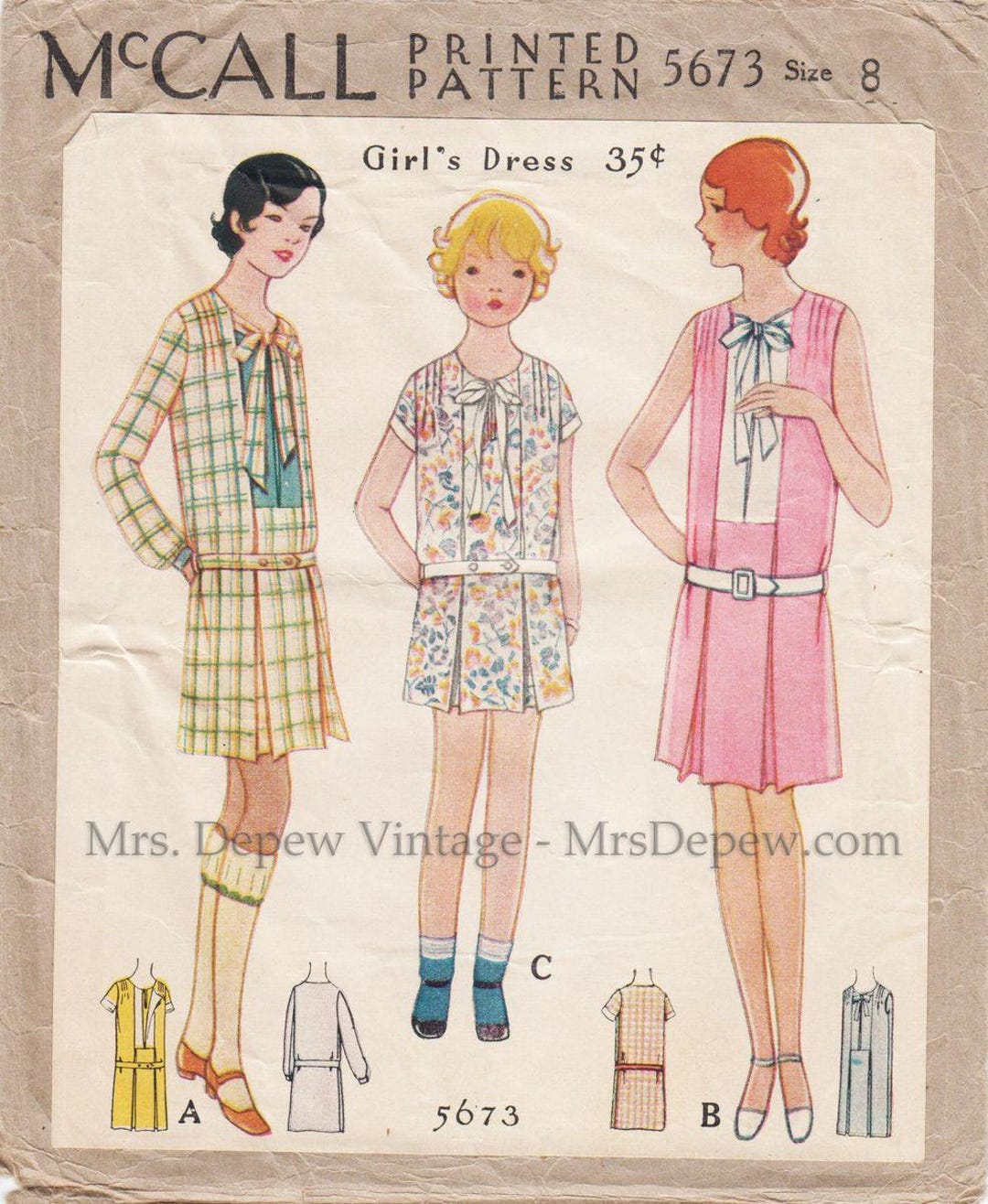 1928 Vintage Sewing Pattern Girls' 1920s Dress Mccall 5673 Size 8 26 ...