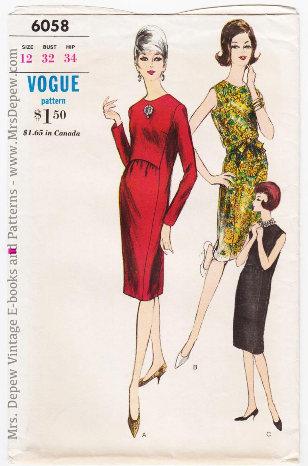 1963 Vintage Sewing Pattern Ladies' Unique Dress 1960s Vogue 6058 32 ...
