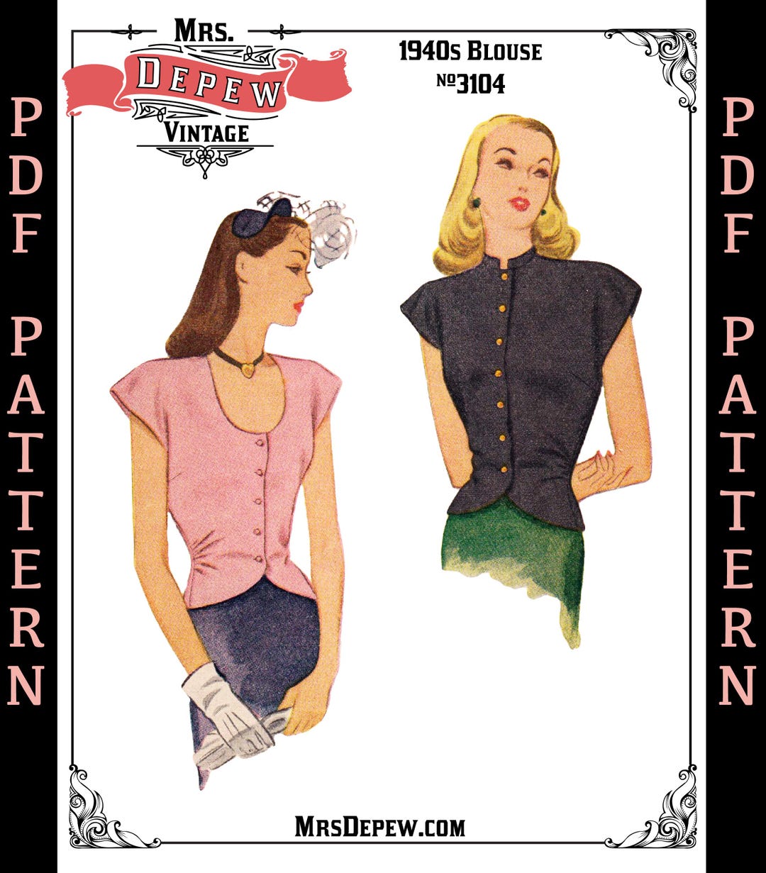 Vintage Sewing Pattern Ladies' 1940s Button-down Blouse 30-50