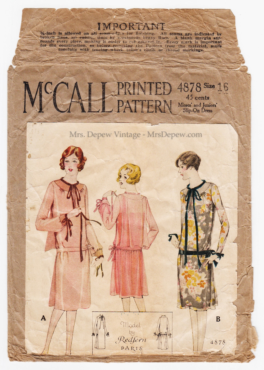 Vintage Sewing Pattern Very Rare 1920s Dress Mccall 4878 Redfern ...