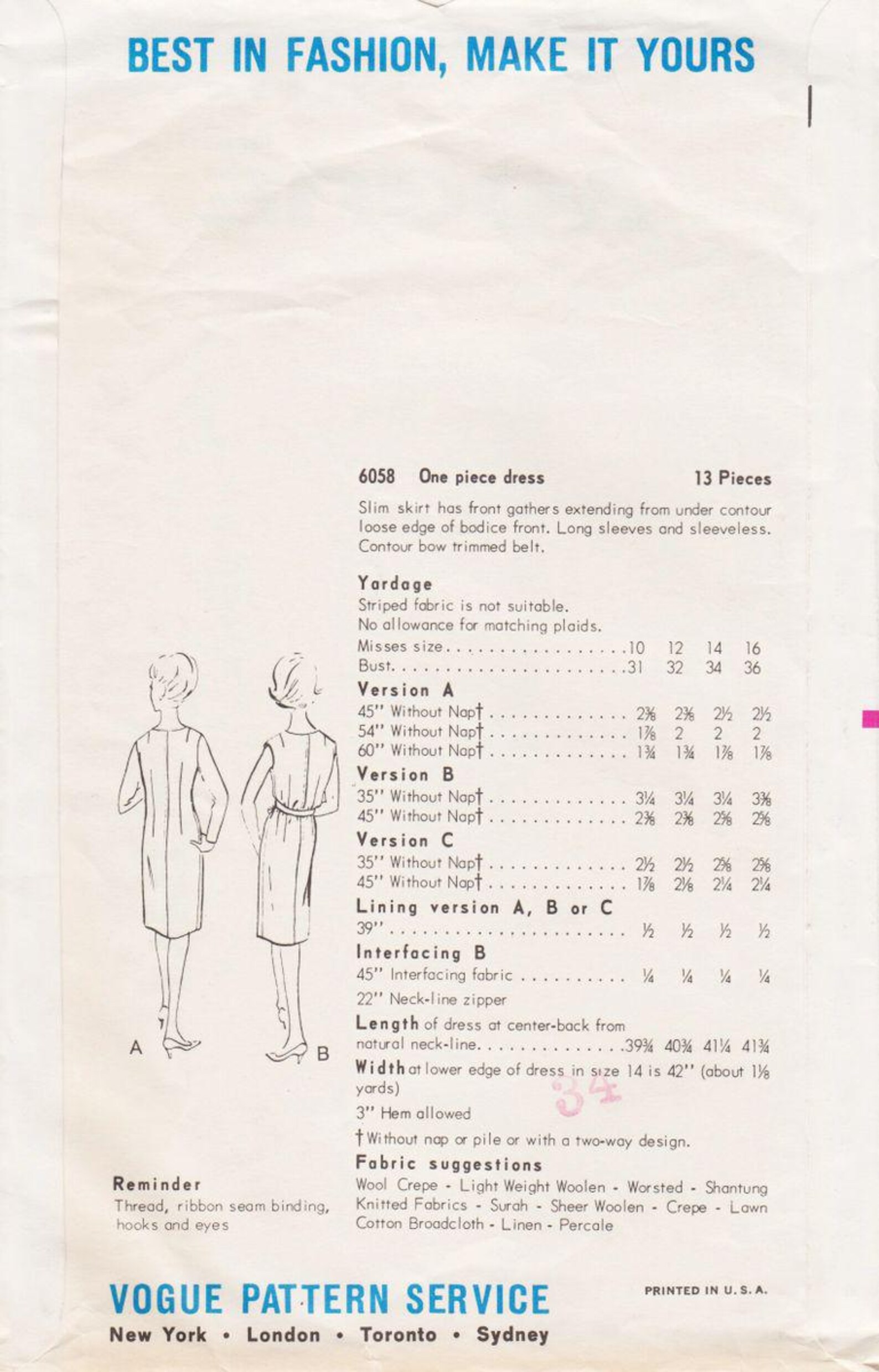 1963 Vintage Sewing Pattern Ladies' Unique Dress 1960s Vogue 6058 32 ...