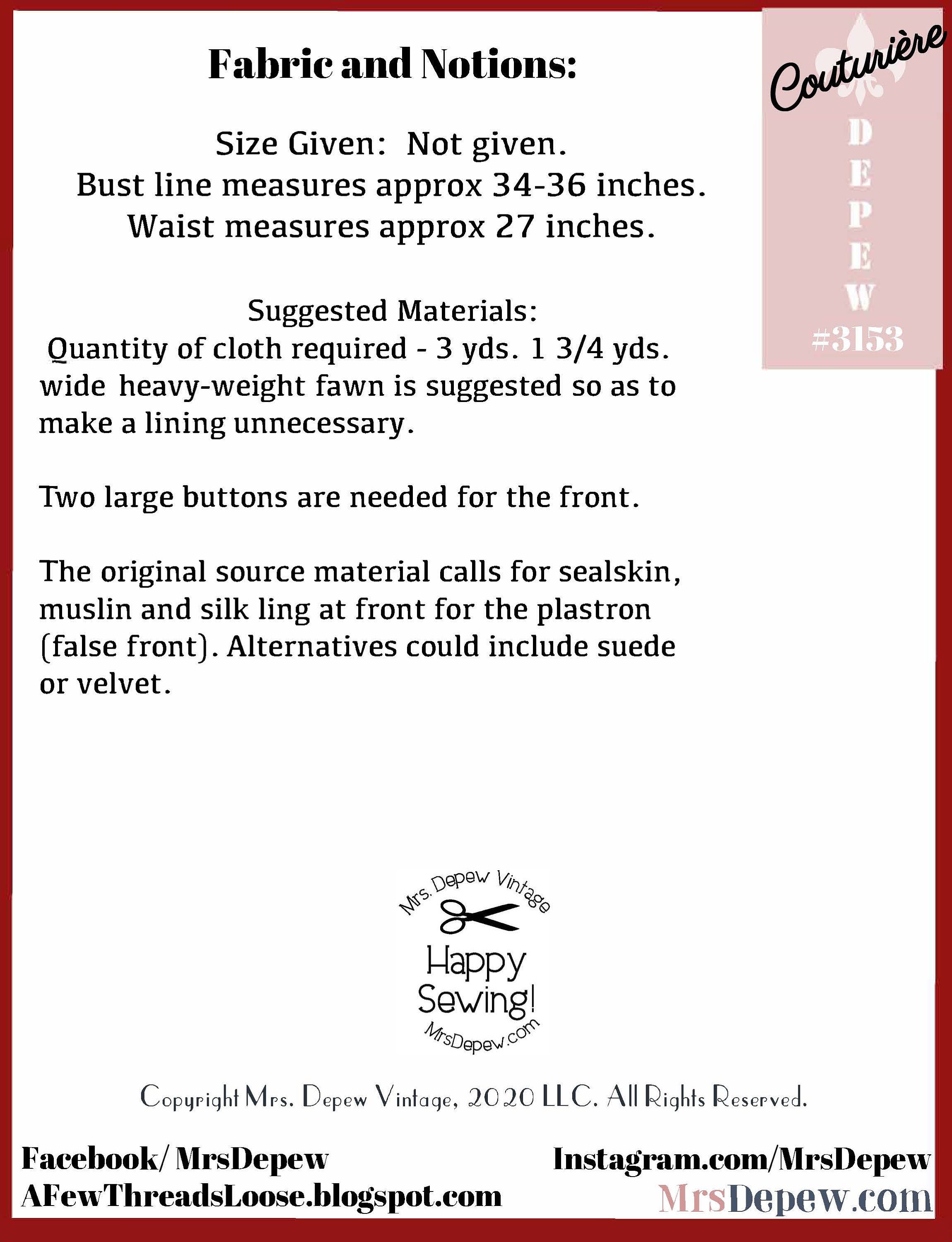 Vintage Sewing Pattern 1890s Ladies' Tight Fitting Jacket With Double ...