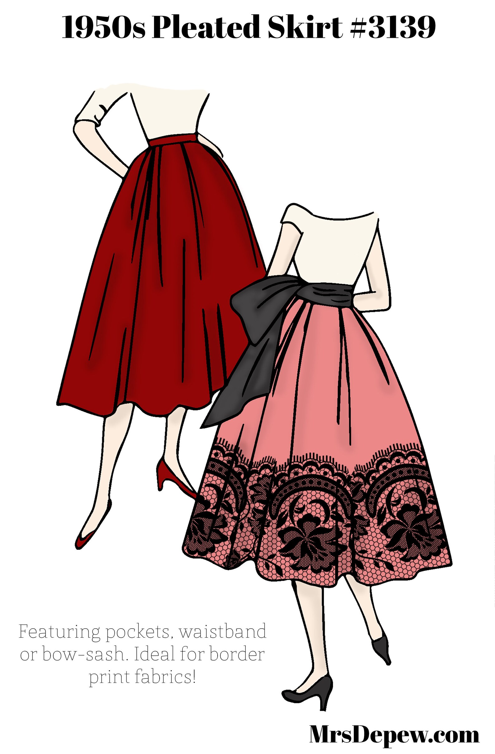 1950s Vintage Sewing Pattern Ladies' Pleated Skirt With Pockets and ...