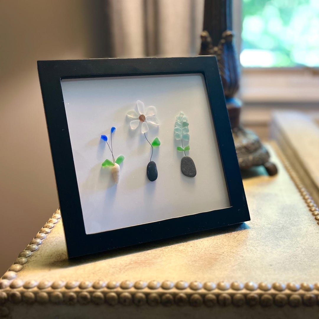 Framed Sea Glass Collage Art - Three Flowers - Etsy