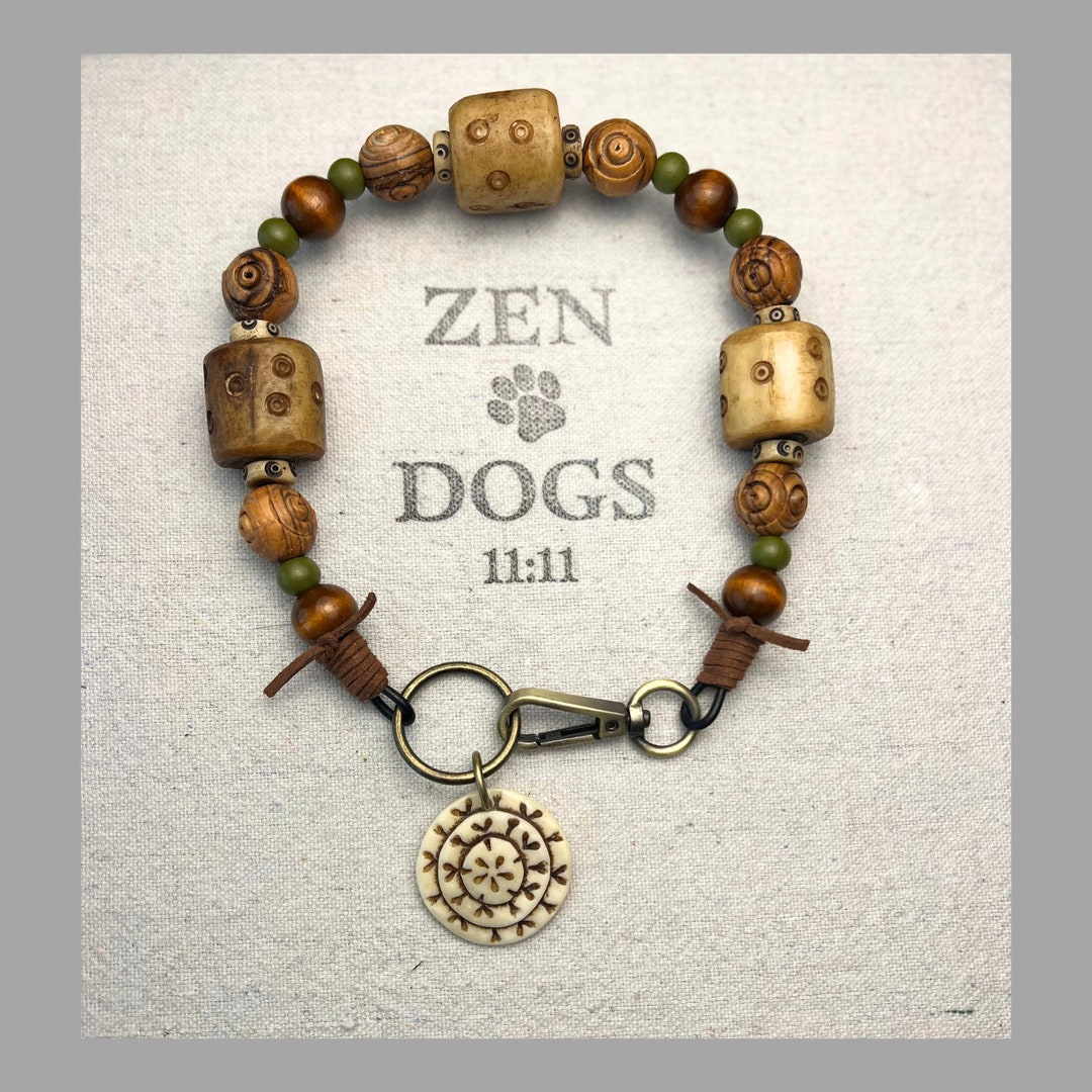 Rooted Beaded Mala Dog Collar, Handcrafted, Carved Olive Wood Beads ...