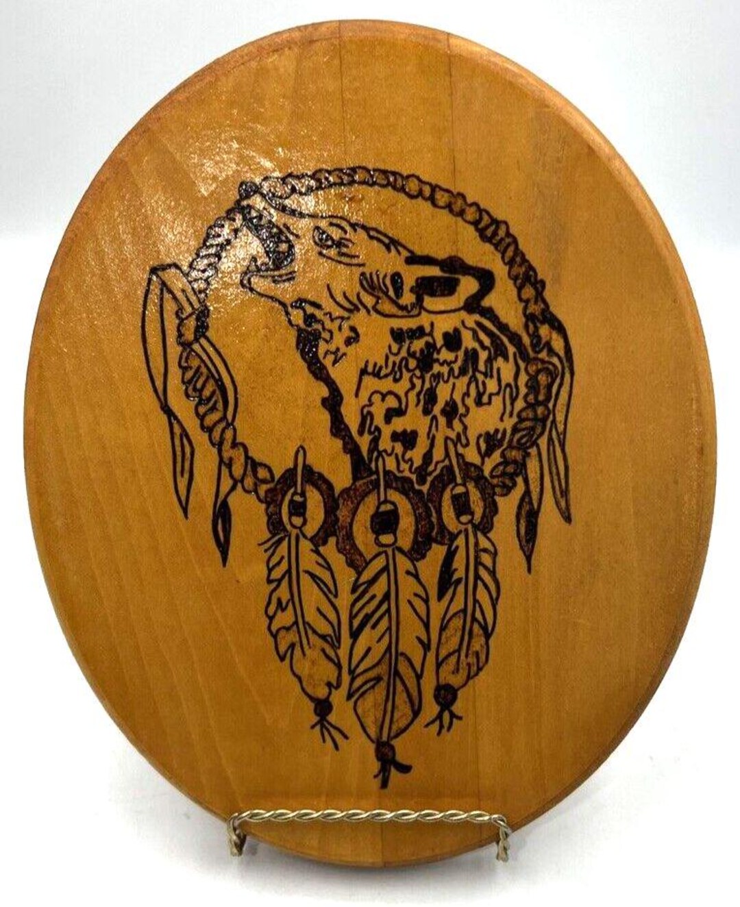 VTG Native American Indian Handcrafted Pyrography Burned Wood Wolf Art ...