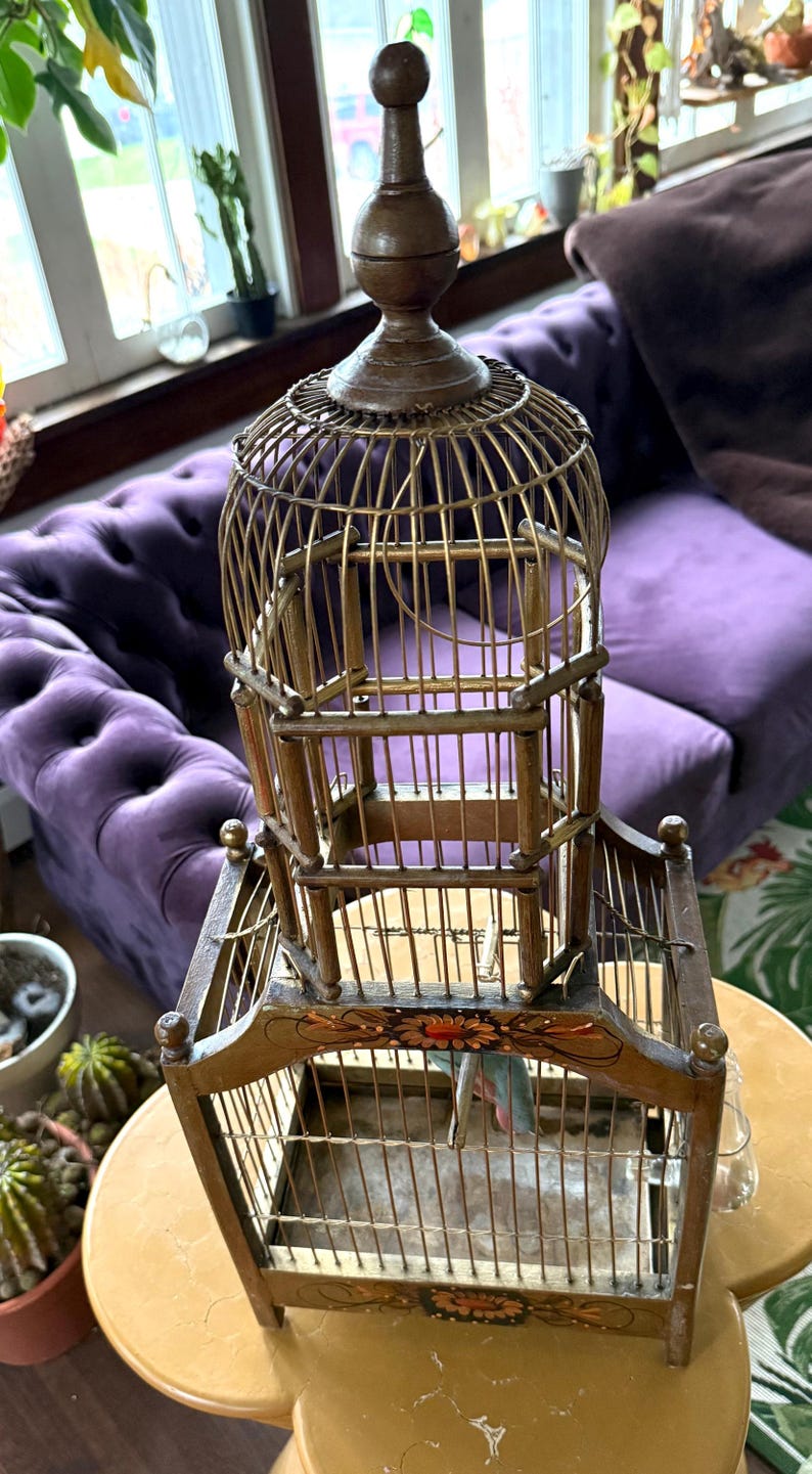 Antique Victorian Decorative Hand Painted Bird Cage With Glass Waterer ...