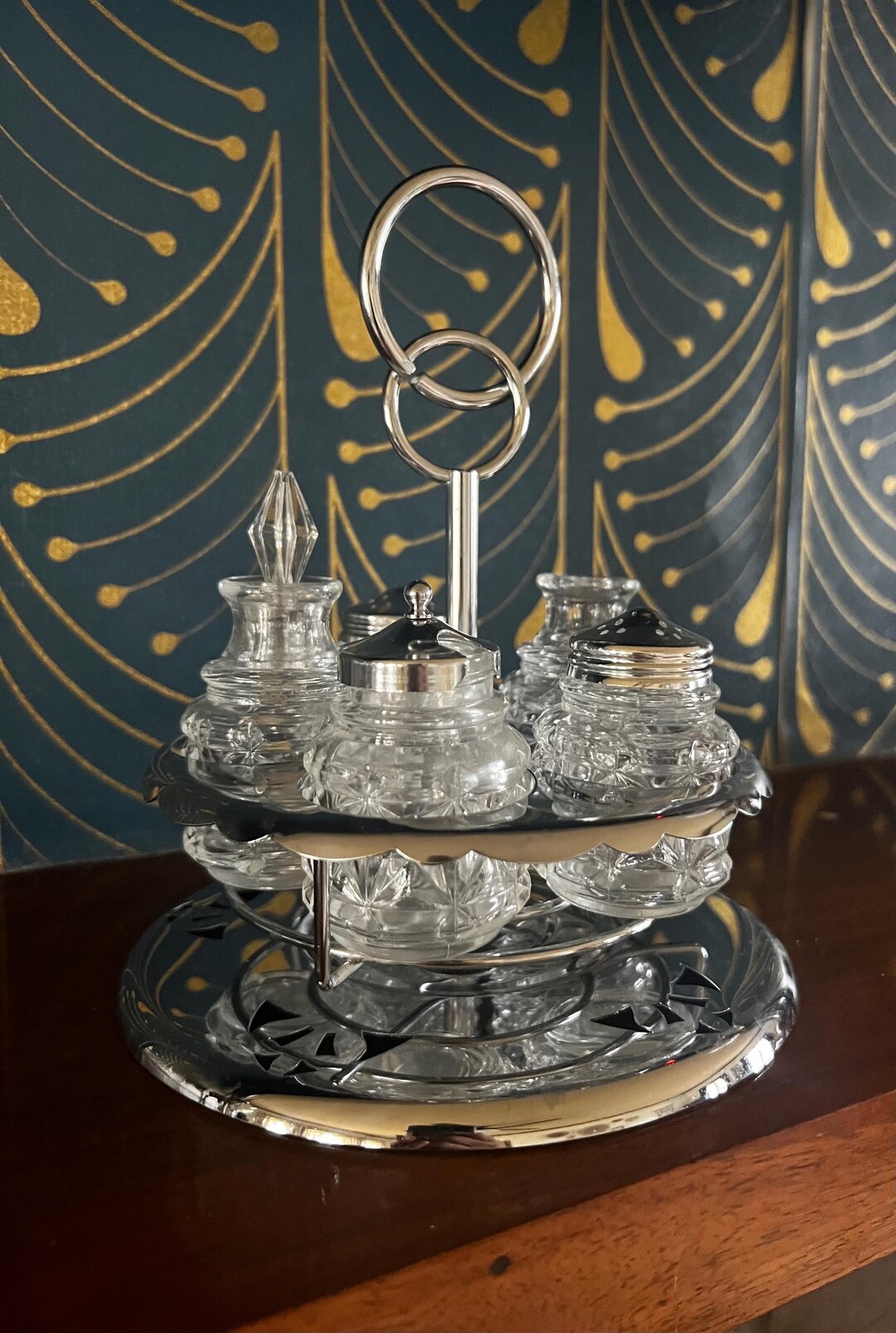 Vintage Glass Carousel Condiment Caddy, Silver, Salt N Pepper ...