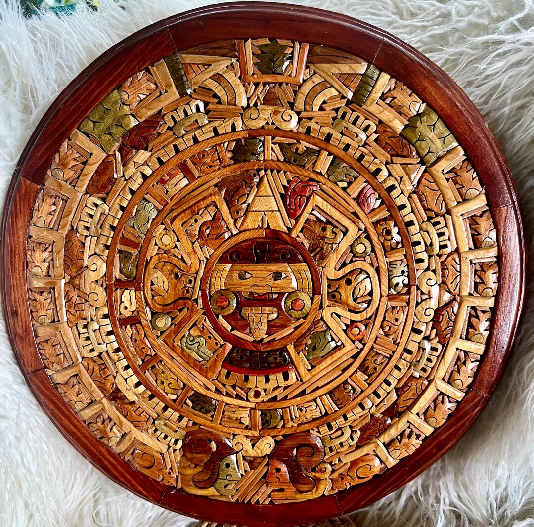 Vintage 13 Wood Aztec Mayan Mexico Calendar Wall Art, Hand Carved Inlay ...