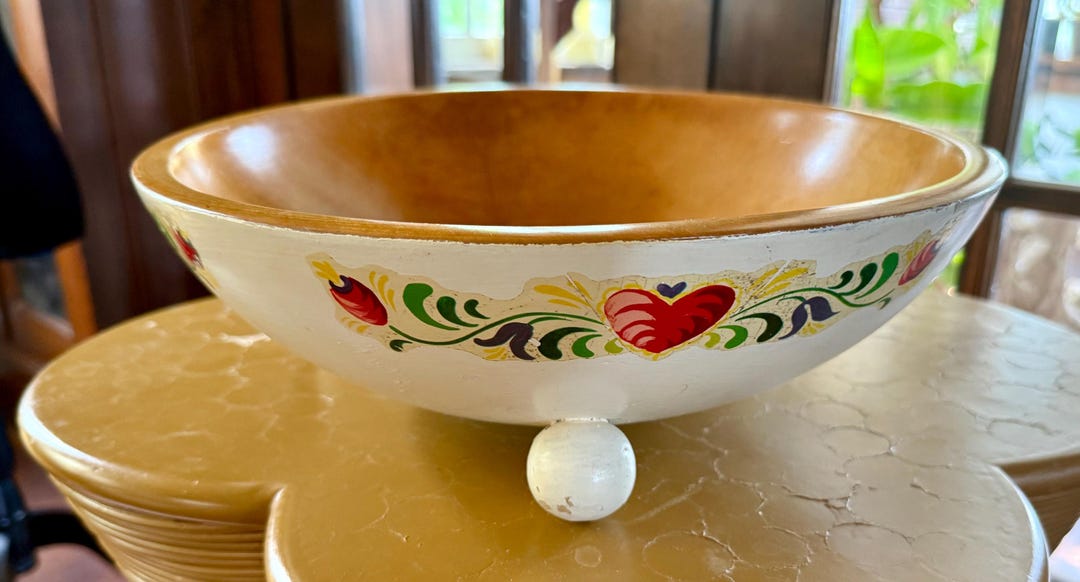 Large Wooden Dough Bowl: Cream Painted Exterior, Heart Decals - Etsy