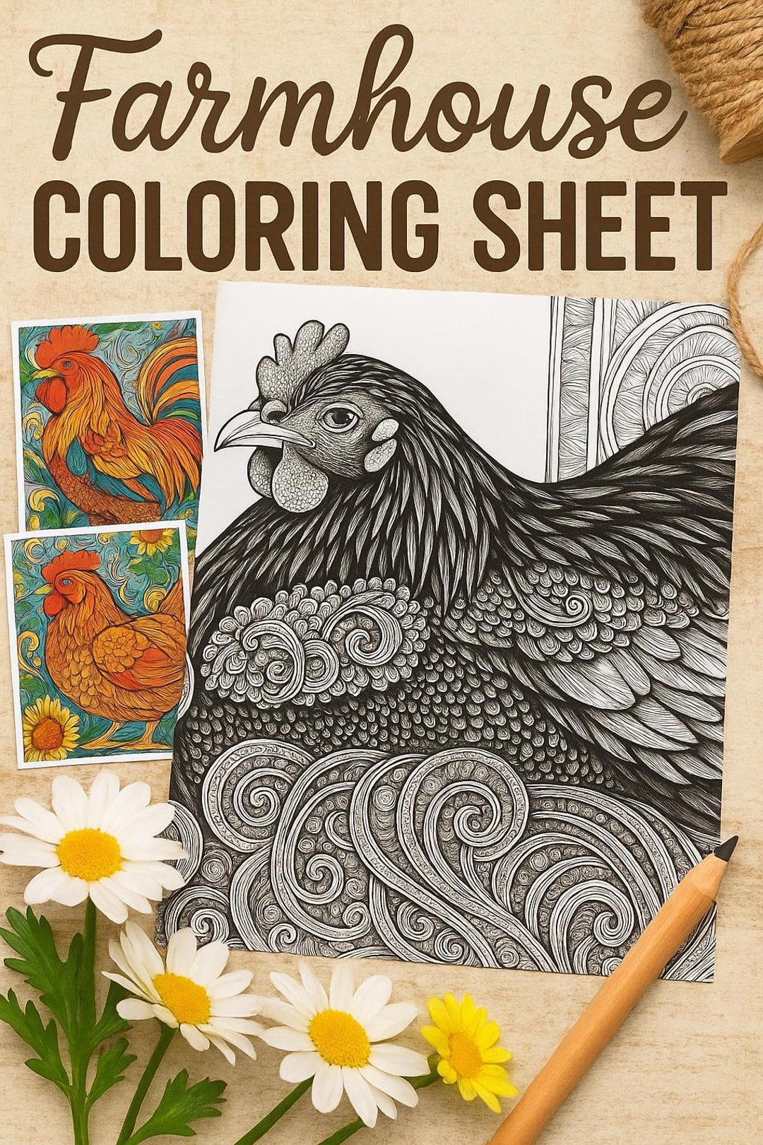 Zentangle Chicken Coloring Pages: Farmhouse Art, Adult Coloring (PDF ...