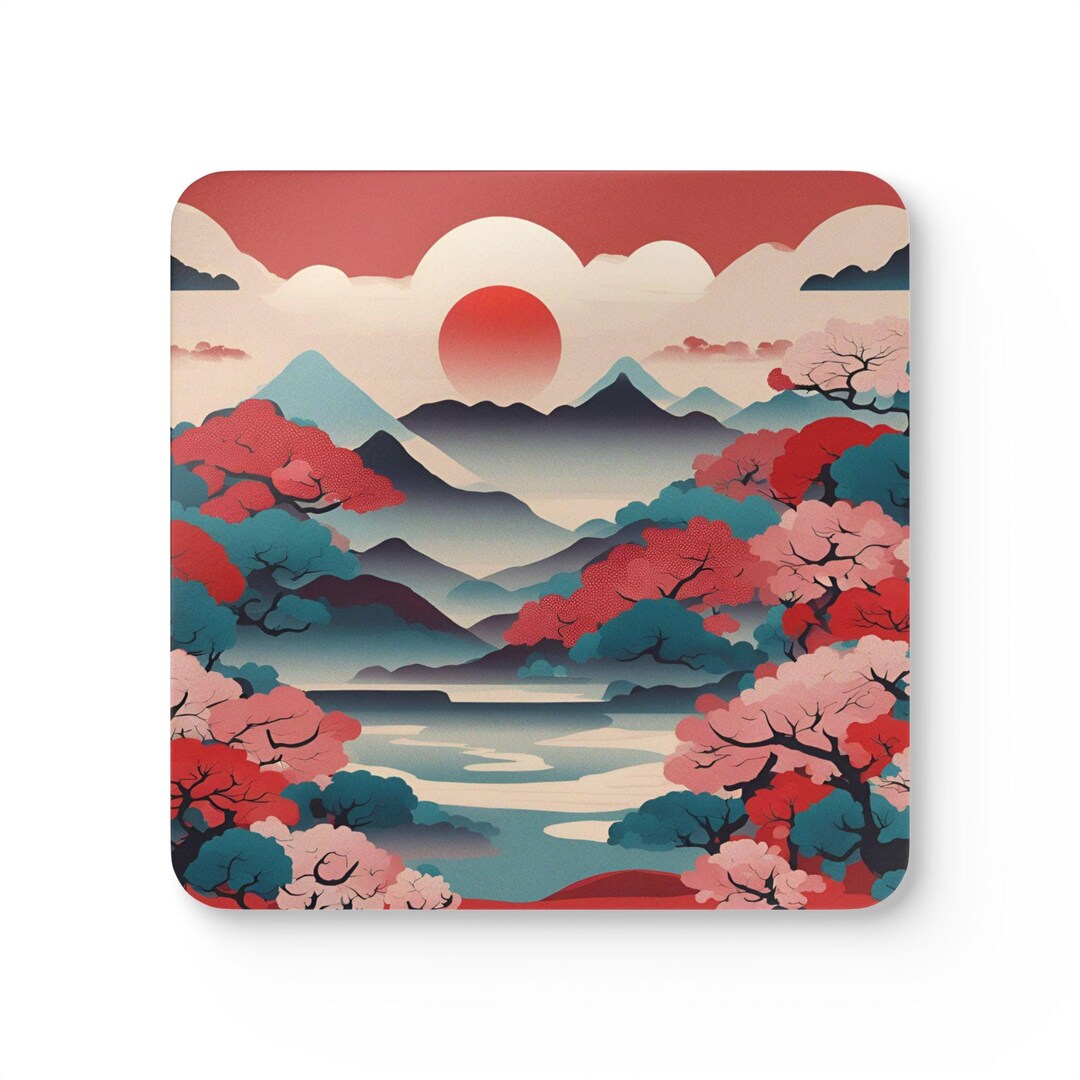 Coaster Set, Japanese Zen Mountain Scene, Tranquil Pink Cherry Trees ...