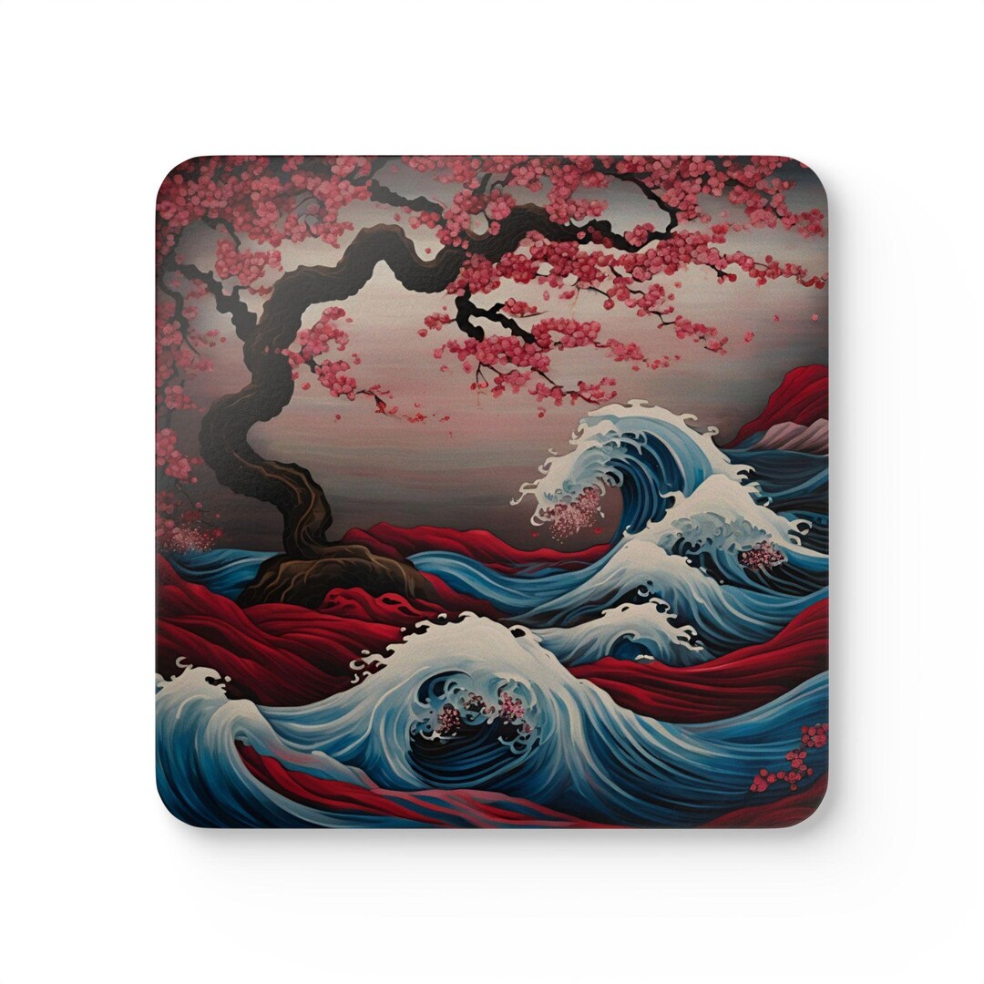 Coaster Set, Japanese Ocean Waves, Dark Moody Design, Corkwood Coaster ...
