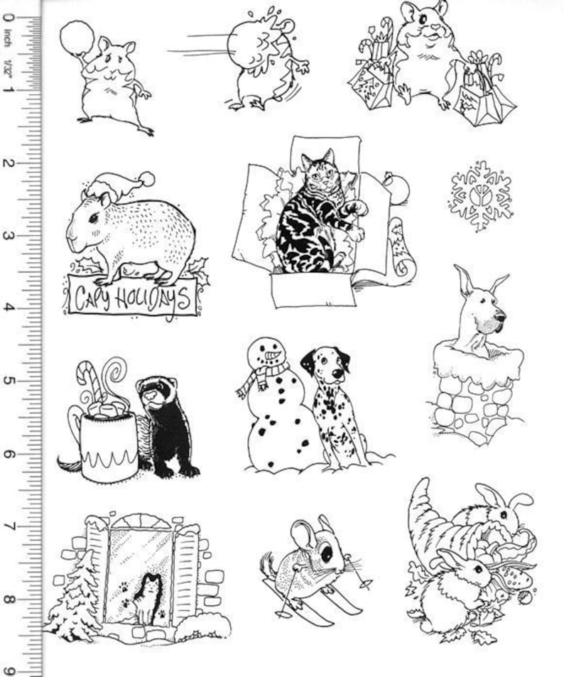 Full Sheet of Christmas Rubber Stamp Dies Hamster Capybara | Etsy