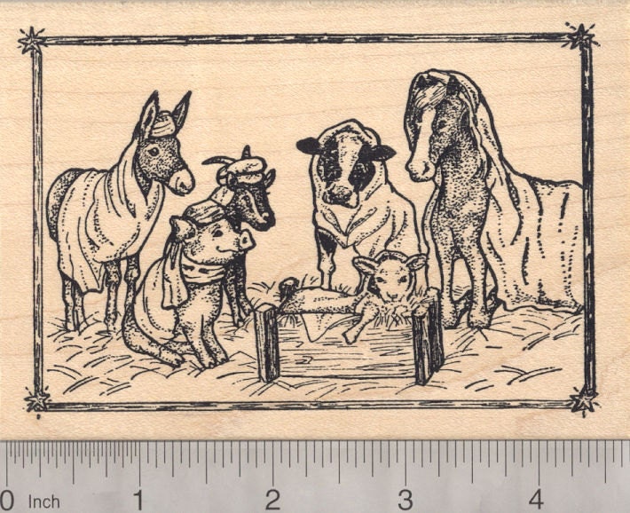 Barn Christmas Nativity Scene Rubber Stamp With Donkey Horse | Etsy