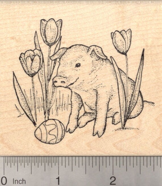 Easter Pig With Painted Egg and Tulips Rubber Stamp L20714 | Etsy