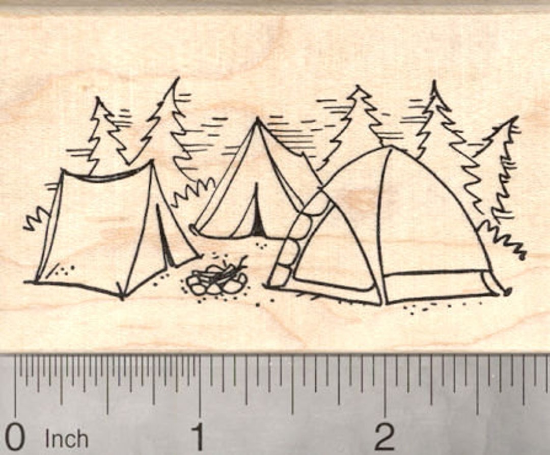Campsite Rubber Stamp, Tents, Campfire, Camping in the Forest J26614 ...