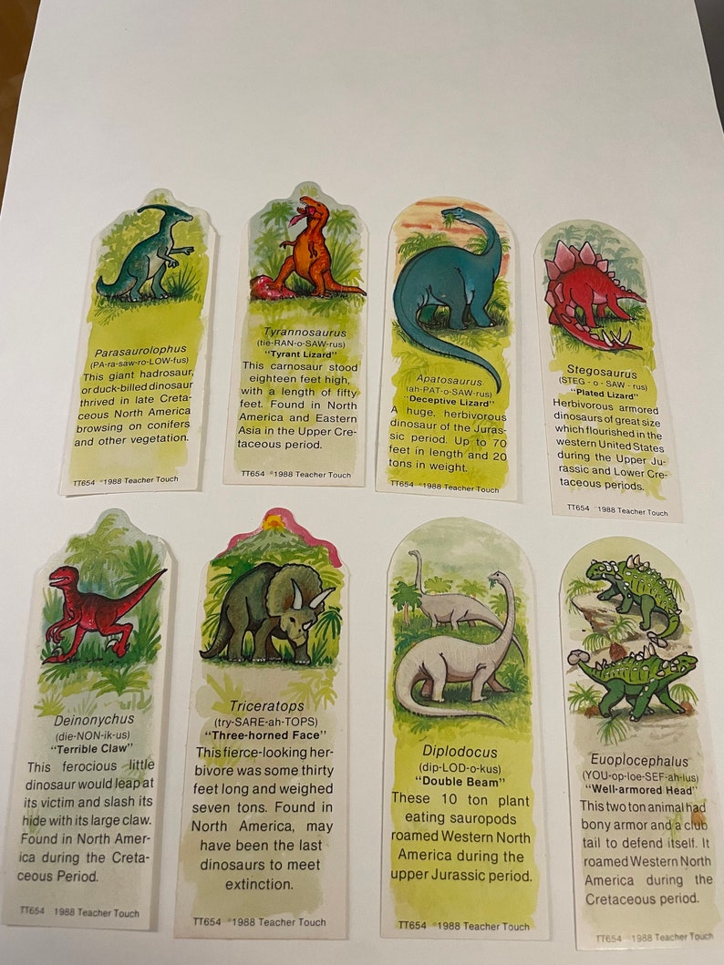 Vintage 1988 Teacher Touch Dinosaur Bookmarks Set of 8 Different ...
