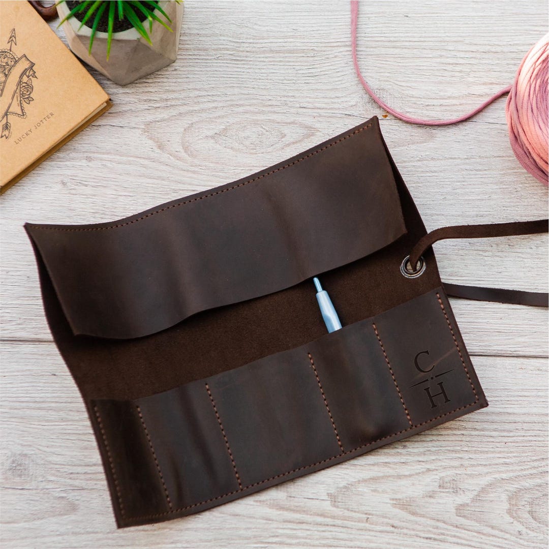 Leather Knitting Needle Roll, Leather Needle Case, Crochet Hook Case ...