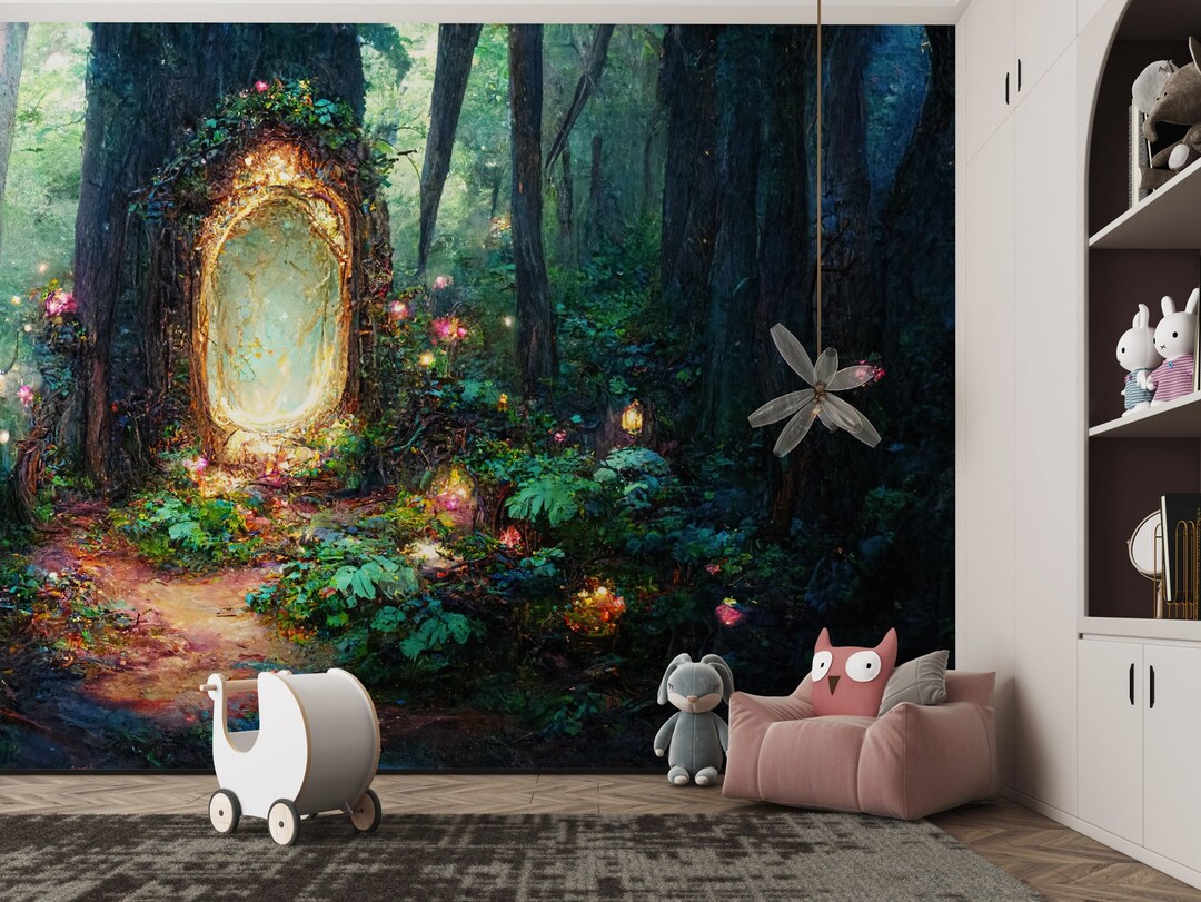 Fairy Wall Mural, Magic Forest Watercolor Kid Wallpaper, Peel and Stick ...