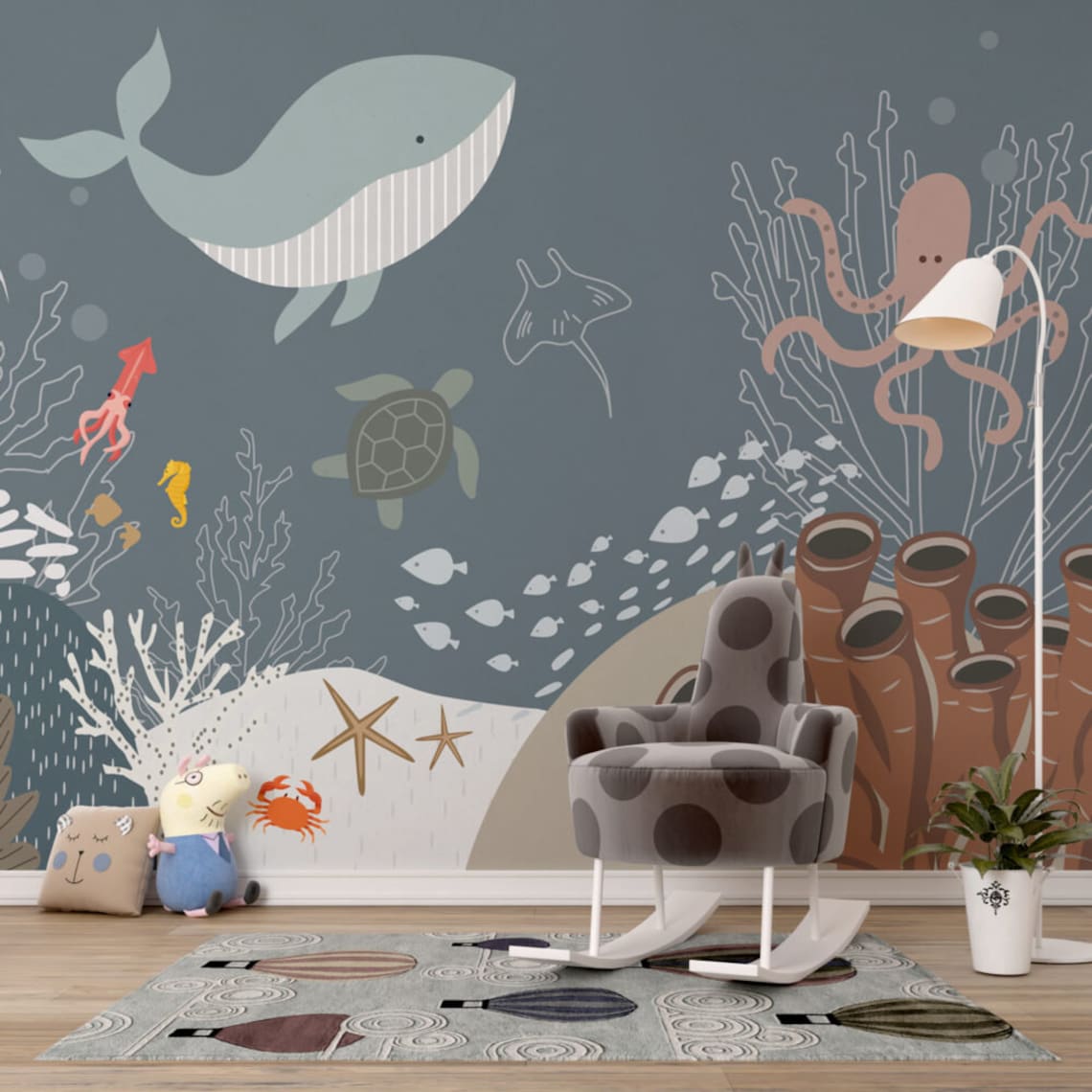 Sea Animals Mural, Nursery Underwater Wallpaper, Sea Life Cute Whale ...