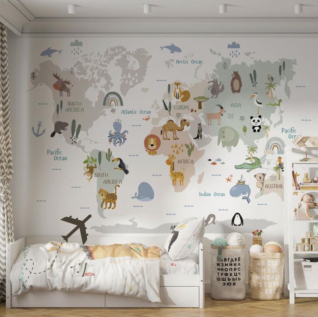 Map Peel and Stick, World Map Wallpaper, Animal World Map Kid Wallpaper ...