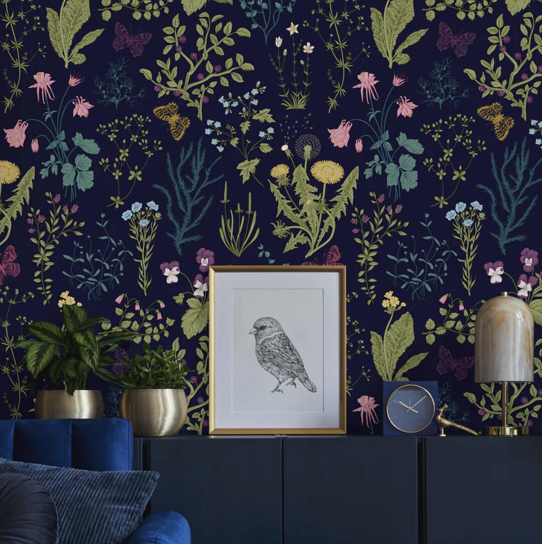 Navy Blue Herbs Floral Wallpaper, Vintage Leaf Pattern, Botanical Peel ...