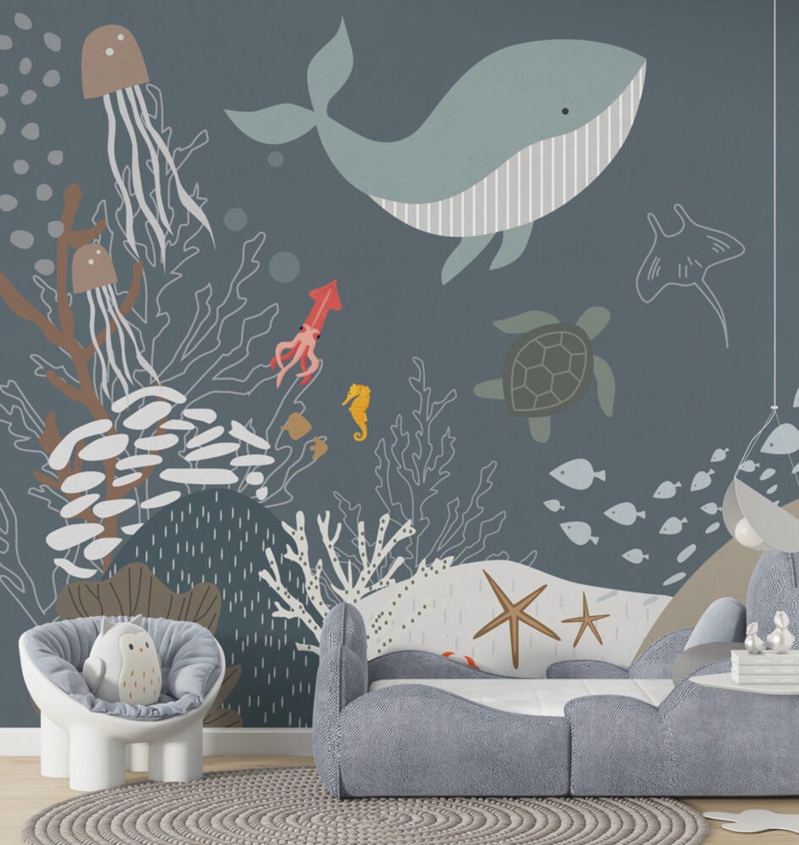 Sea Animals Mural, Nursery Underwater Wallpaper, Sea Life Cute Whale ...