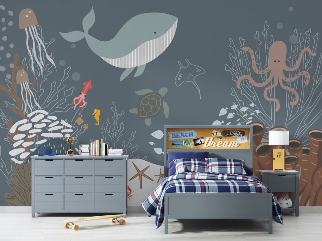 Sea Animals Mural, Nursery Underwater Wallpaper, Sea Life Cute Whale ...
