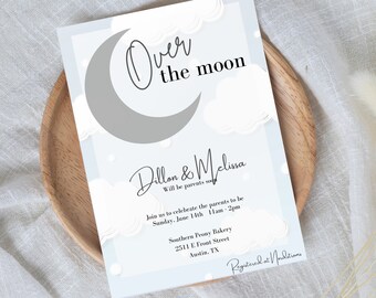 Editable Over the Moon Baby Shower Invitation Template Printable to the ...