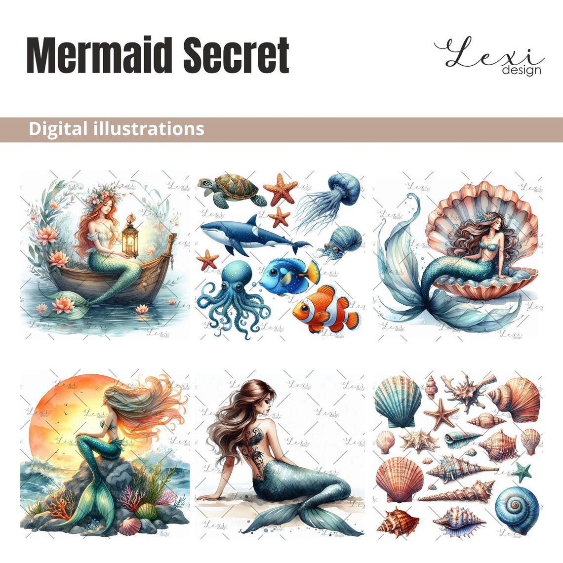 Mermaid Secret Digital Illustrations, Clipart, Scrapbooking ...