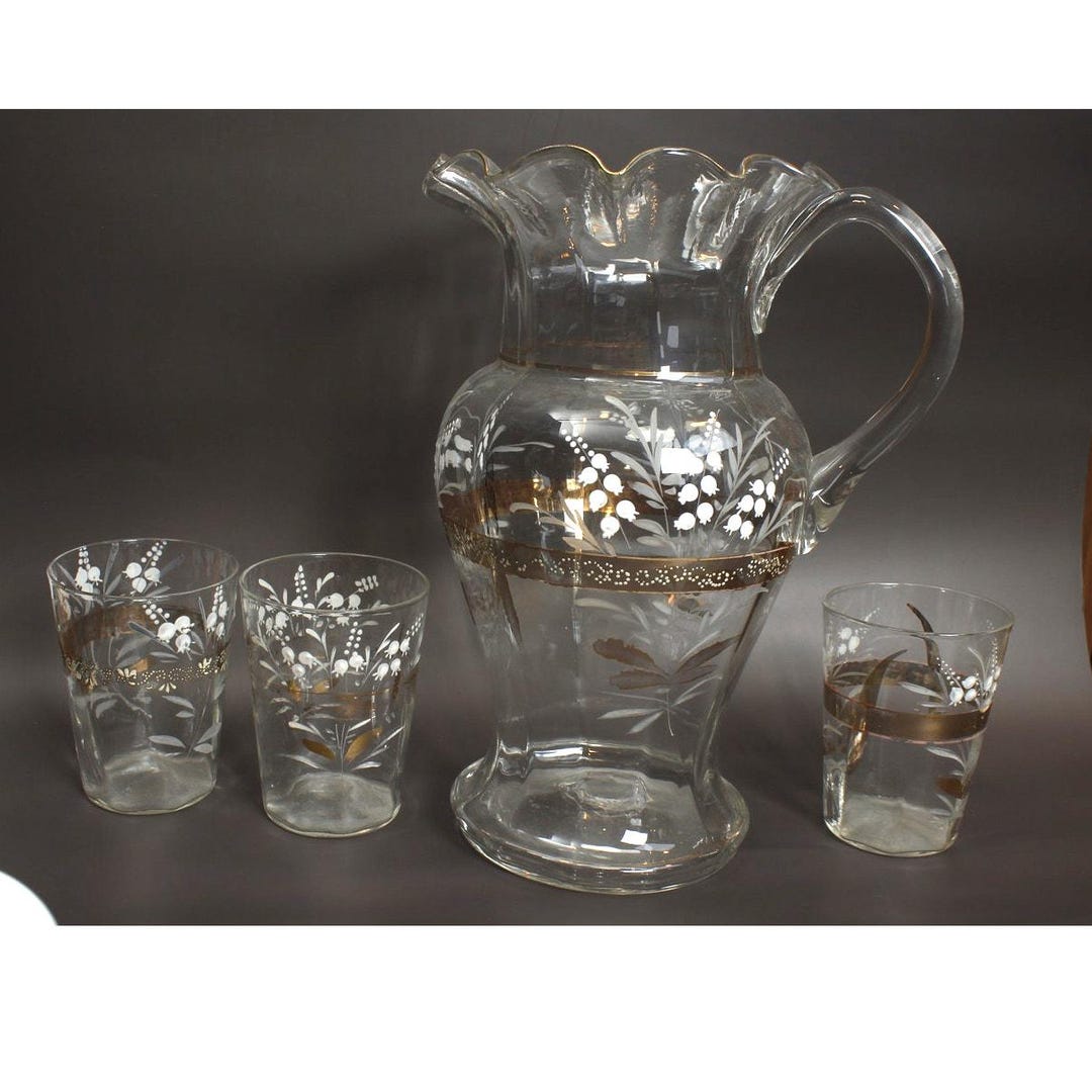 Victorian Era Glass Pitcher and 3 Glasses - Etsy
