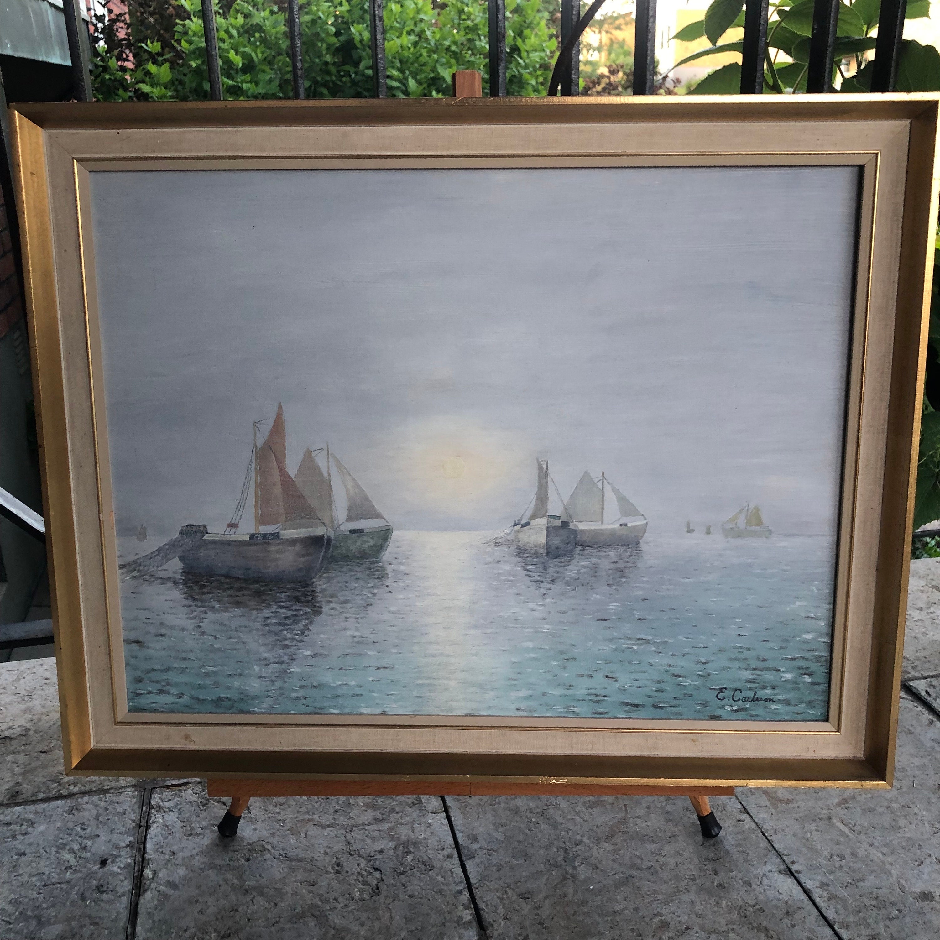 Seascape: Fishing Fleet in Mild Dawn Light by Swedish Artist E Carlsson ...