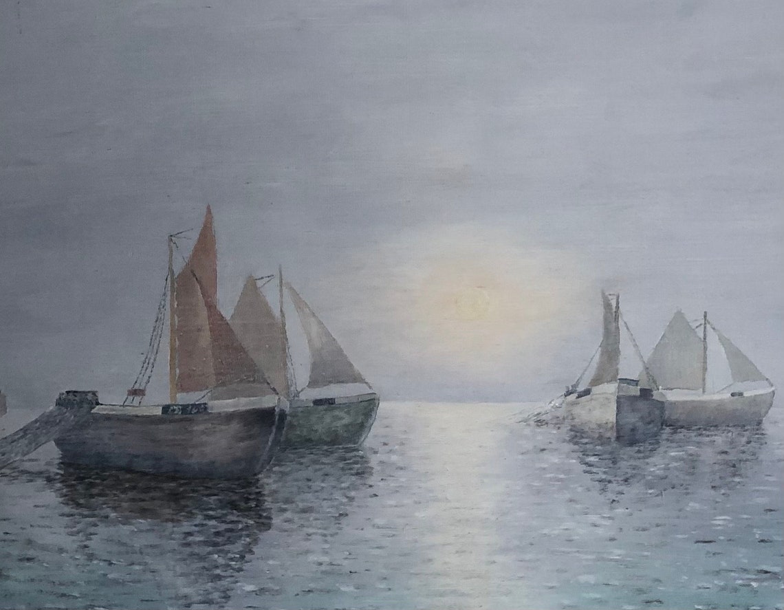 Seascape: Fishing Fleet in Mild Dawn Light by Swedish Artist E Carlsson ...