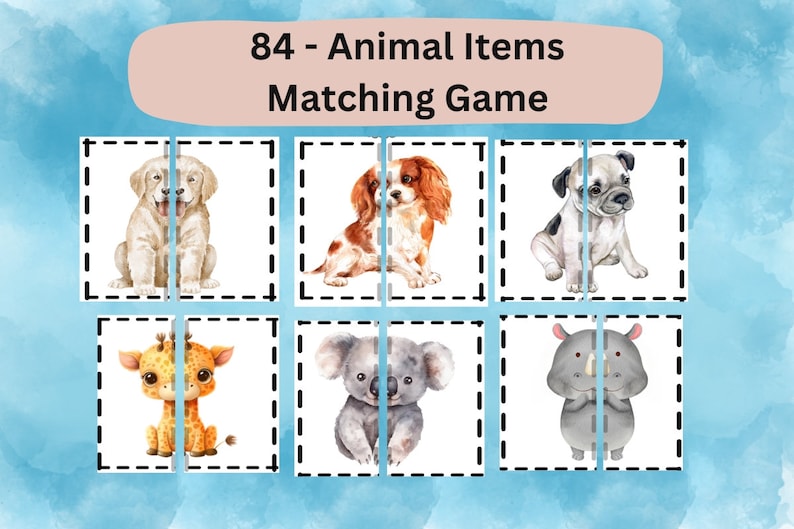 84-piece Cute Animals Matching Game for Kids, Printable Flashcards for ...