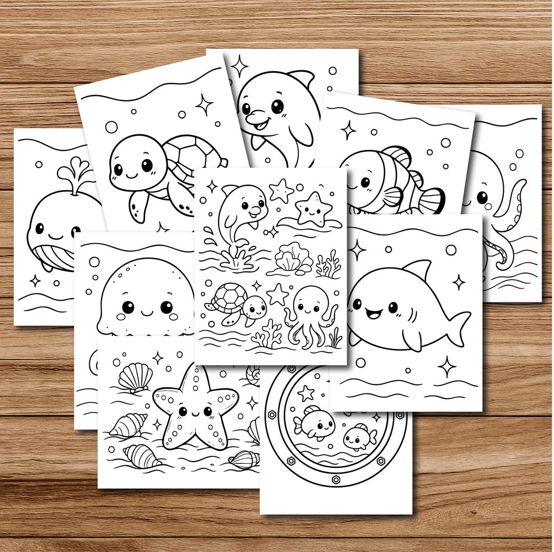 Kawaii Ocean Animals Coloring Pages – 10-page Printable Set | Sea ...
