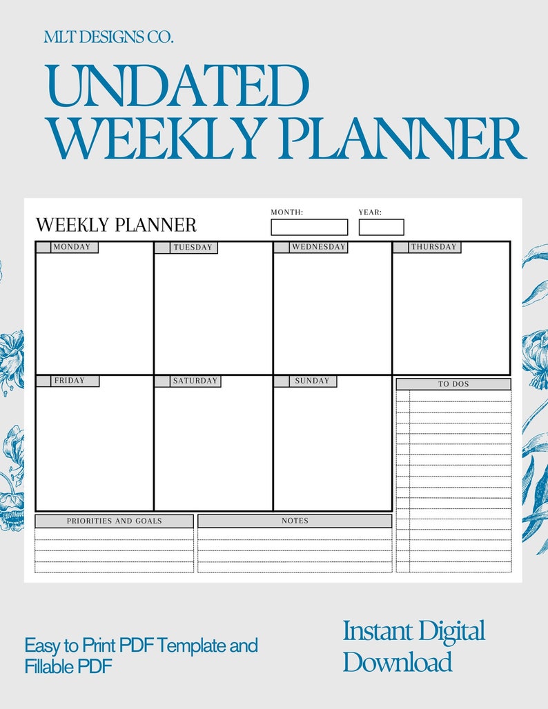 Undated Weekly Planner Printable Organize Your Week Simple Clean Weekly ...
