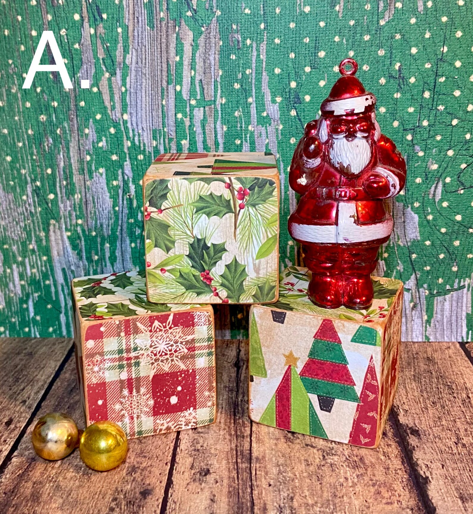 Set of 3 Vintage-style 1-3/4” Wooden Hand Made Christmas Blocks ...