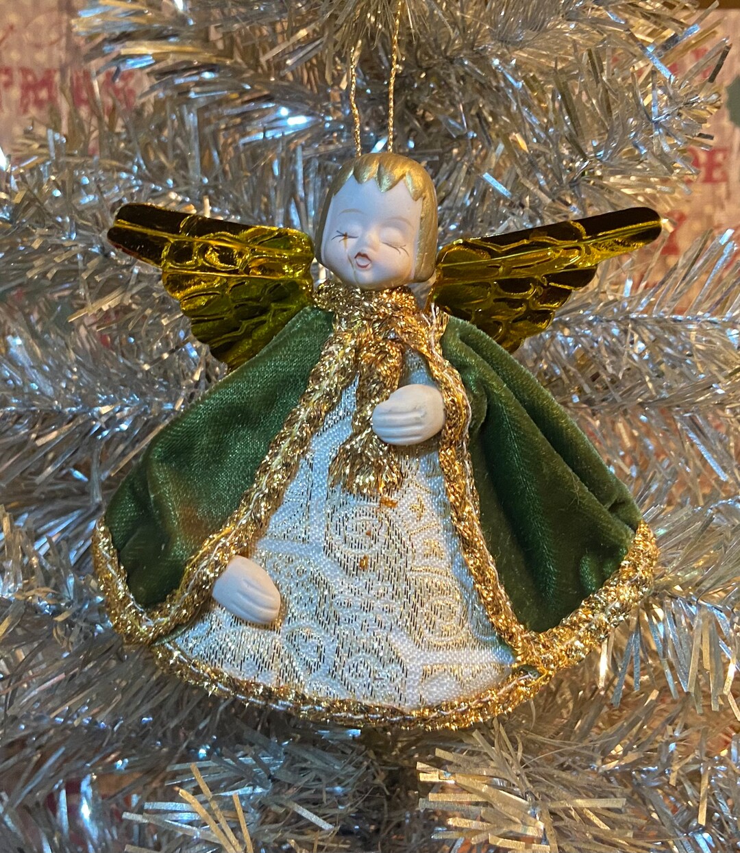 4 Vintage Enesco Angel Ornament in Green & Gold - Etsy