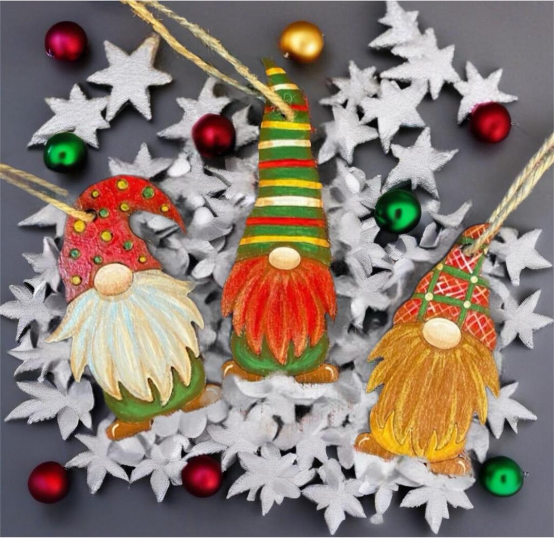 Set of 3 Hand-painted Wood Gnome Ornaments (B) - Etsy