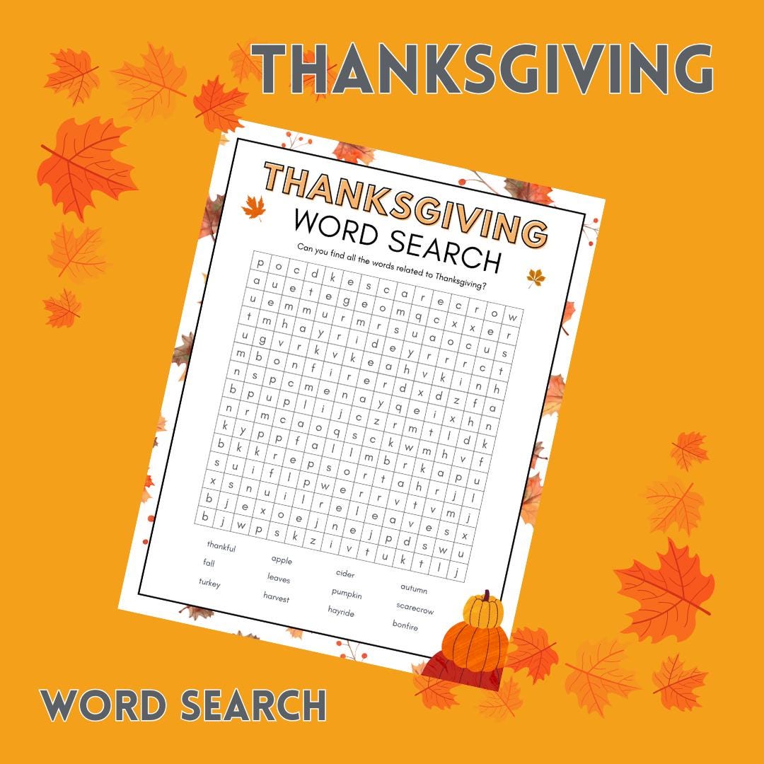 Printable Thanksgiving Themed Word Search Worksheet - Etsy