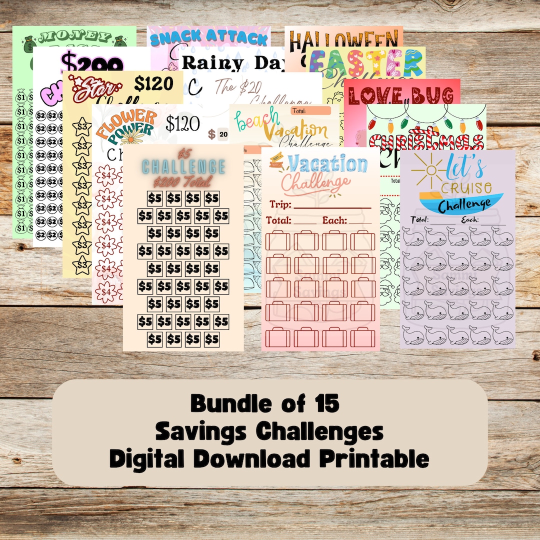 15 Printable Savings Challenge Cards - Bundle of 15 Challenges - Size ...