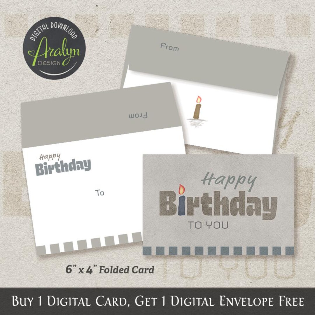 Printable Birthday Cards | Gray Watercolor Candle Happy Birthday Card ...