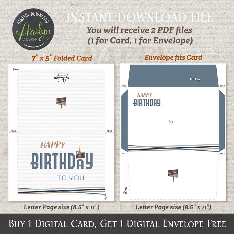 Printable Birthday Card Birthday Cake With Candle Card 7x5 Folded Print ...