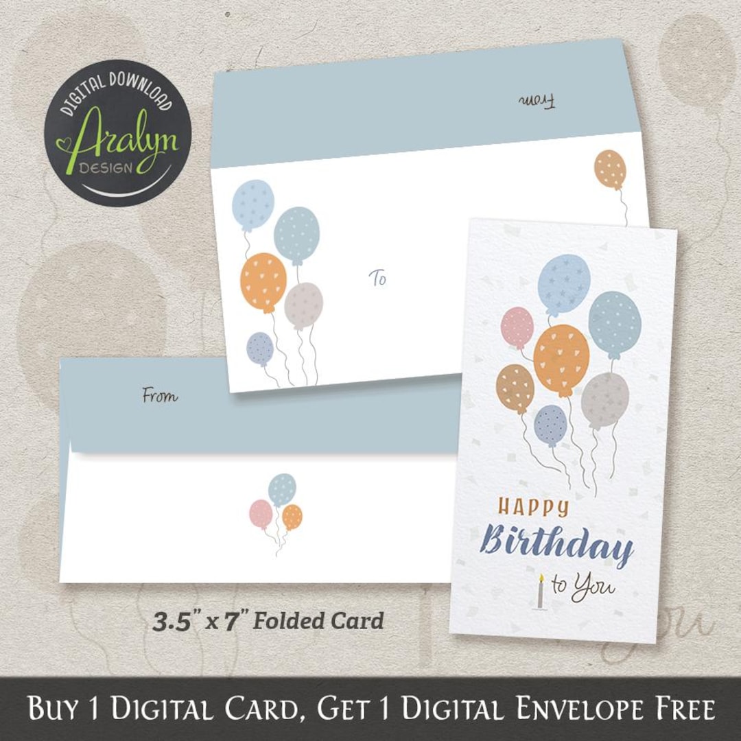 Printable Birthday Card | Cute Balloons Birthday Card 3.5x7 Folded ...