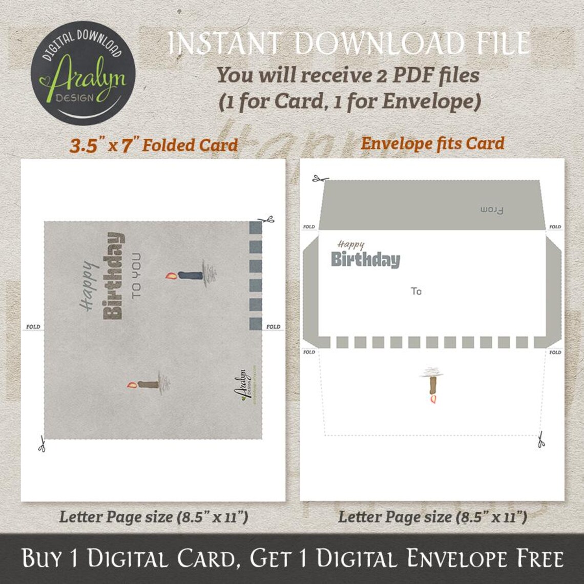 Printable Birthday Cards | Gray Watercolor Candle Happy Birthday Card 3 ...