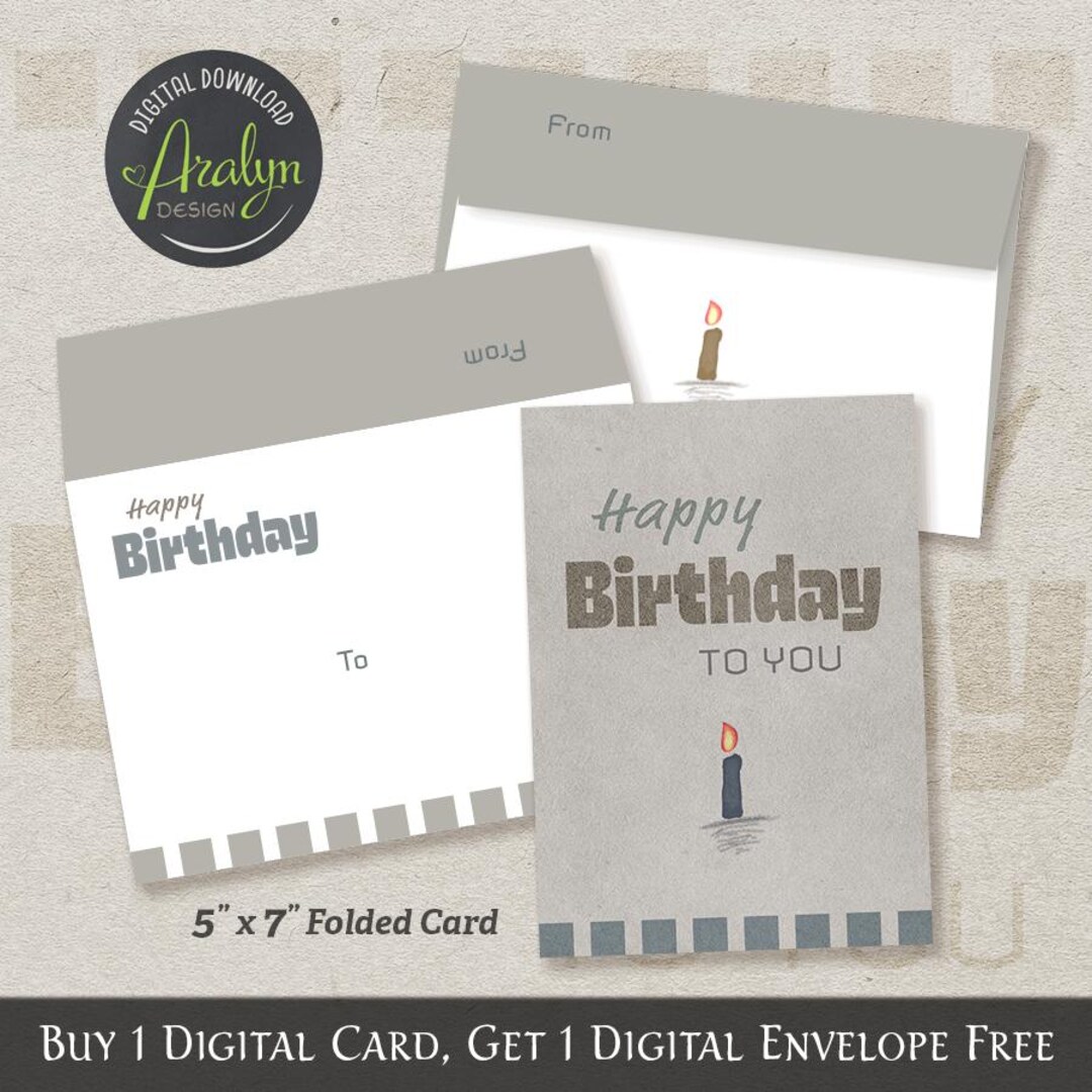 Printable Birthday Cards | Gray Watercolor Candle Happy Birthday Card ...