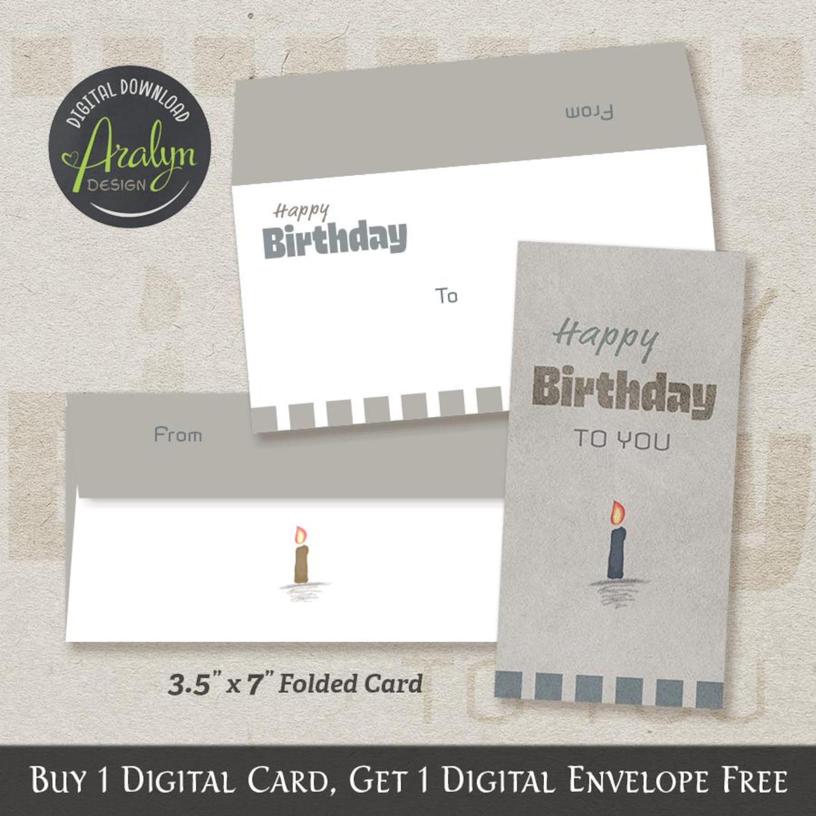 Printable Birthday Cards | Gray Watercolor Candle Happy Birthday Card 3 ...