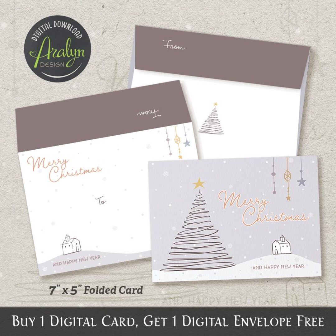 Printable Christmas Cards | 7x5 Folded Abstract Pine Tree Christmas ...