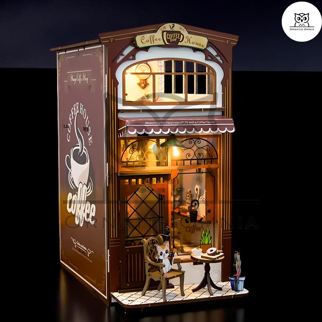 DIY Retro Cat Coffee House Book Nook - DIY Miniature Kit, Wooden Bookshelf Insert, Cozy Home ...